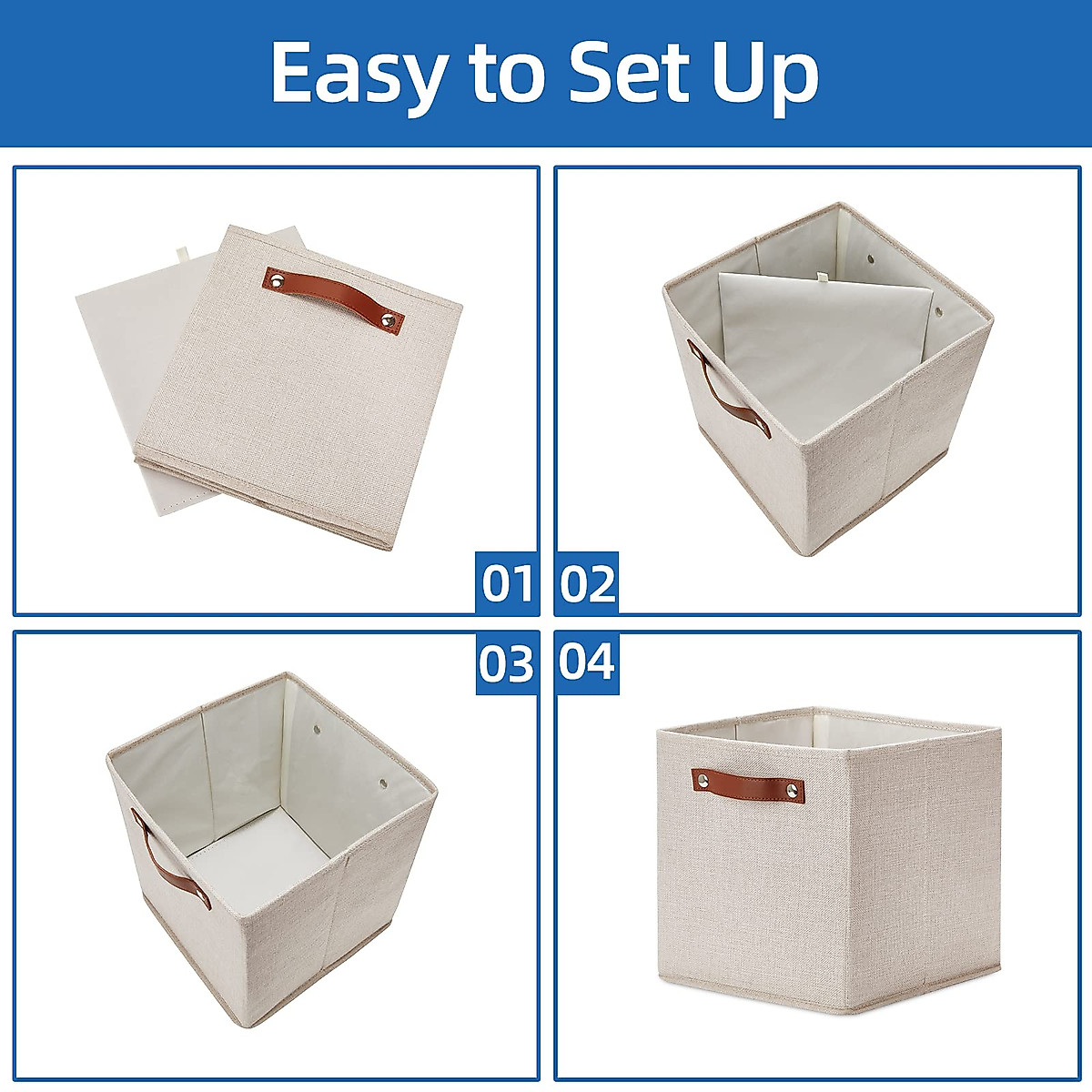 Temary 11x11 Storage Cubes Fabric Storage Cubes Storage Bins with Dual Leather Handles Canvas Storage Boxes for Organizing Home, Office, Nursery, Shelf, Closet (Beige, 11 x 11 x 11)