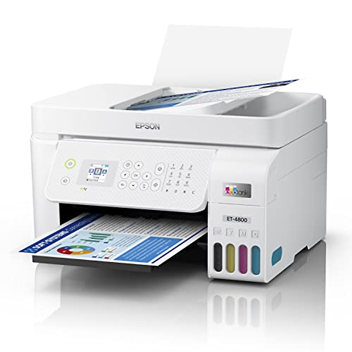 Epson EcoTank ET-4800 Wireless All-in-One Supertank Color Inkjet Printer Office, White - Print Copy Scan Fax - 10.0 ppm, 5760 x 1440 dpi, 8.5" x 14", Voice Activated, 30-Sheet ADF, Ethernet, DAODYANG