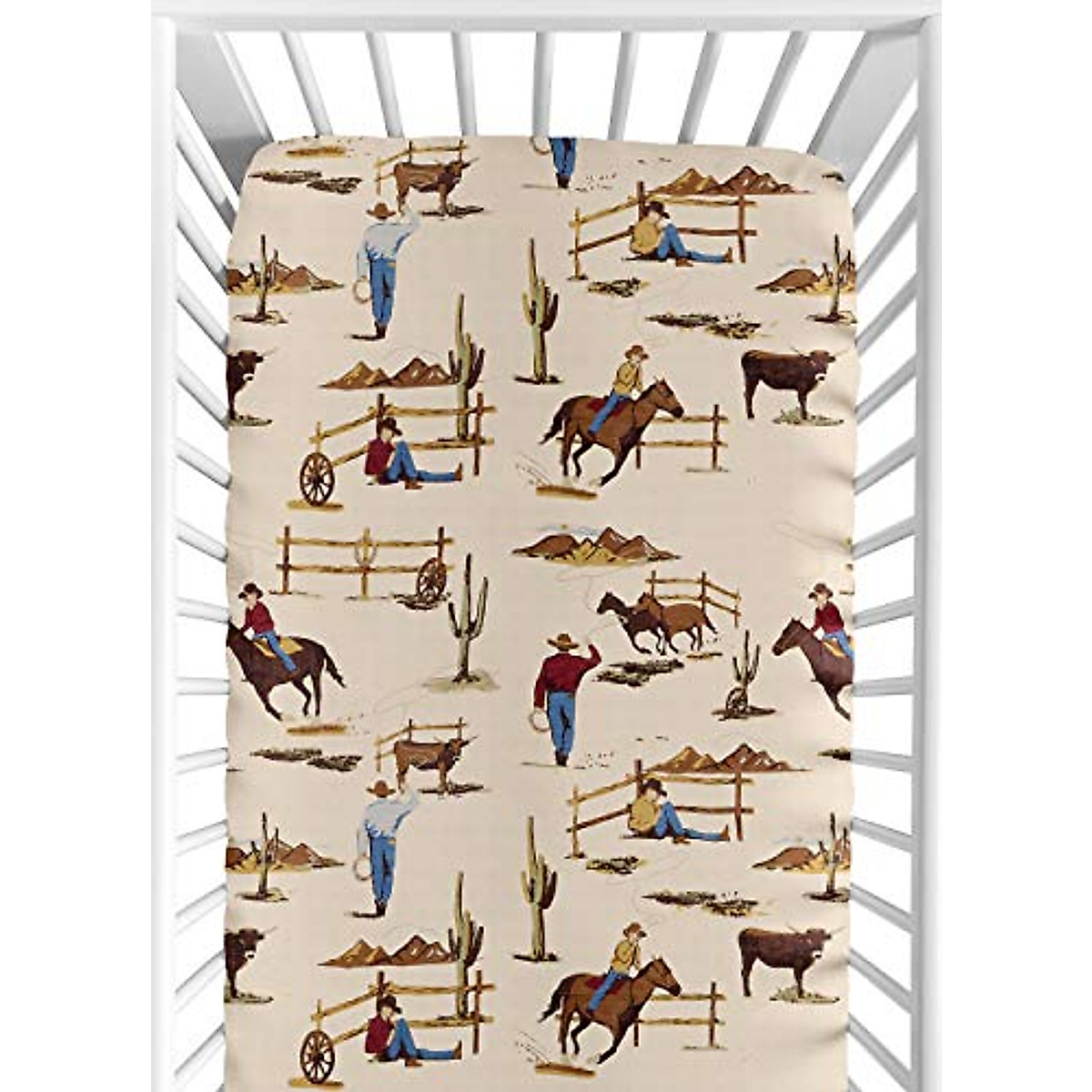 Sweet Jojo Designs Tan Brown Western Cowboy Boy Baby Fitted Crib Sheet Set Nursery Soft Infant Newborn Fits Standard Mattress Toddler Bed Southern Country Wild West Horse Off White Cow Print Animal