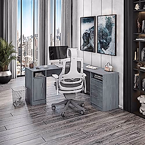 Techni Mobili Functional L-Shaped Computer Desk with storage, L is ⁠59.5" wide x 59.5" Long, Grey