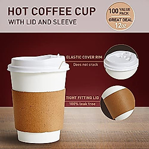 [100 Pack] 12 oz Paper Coffee Cups, Disposable Paper Coffee Cup with Lids, Sleeves, and Stirrers, Hot/Cold Beverage Drinking Cup for Water, Juice, Coffee or Tea, Suitable for Home, Shops and Cafes