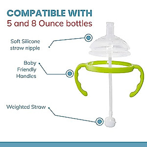 Straw Transition Cup Kit for Comotomo Baby Bottles | Conversion Kit Fits 5 Ounce and 8 Ounce Bottles | Soft, Silicone Straw Top Bottle Nipple & Weighted Straw to Help Baby Transition | 2 Pack (Green)