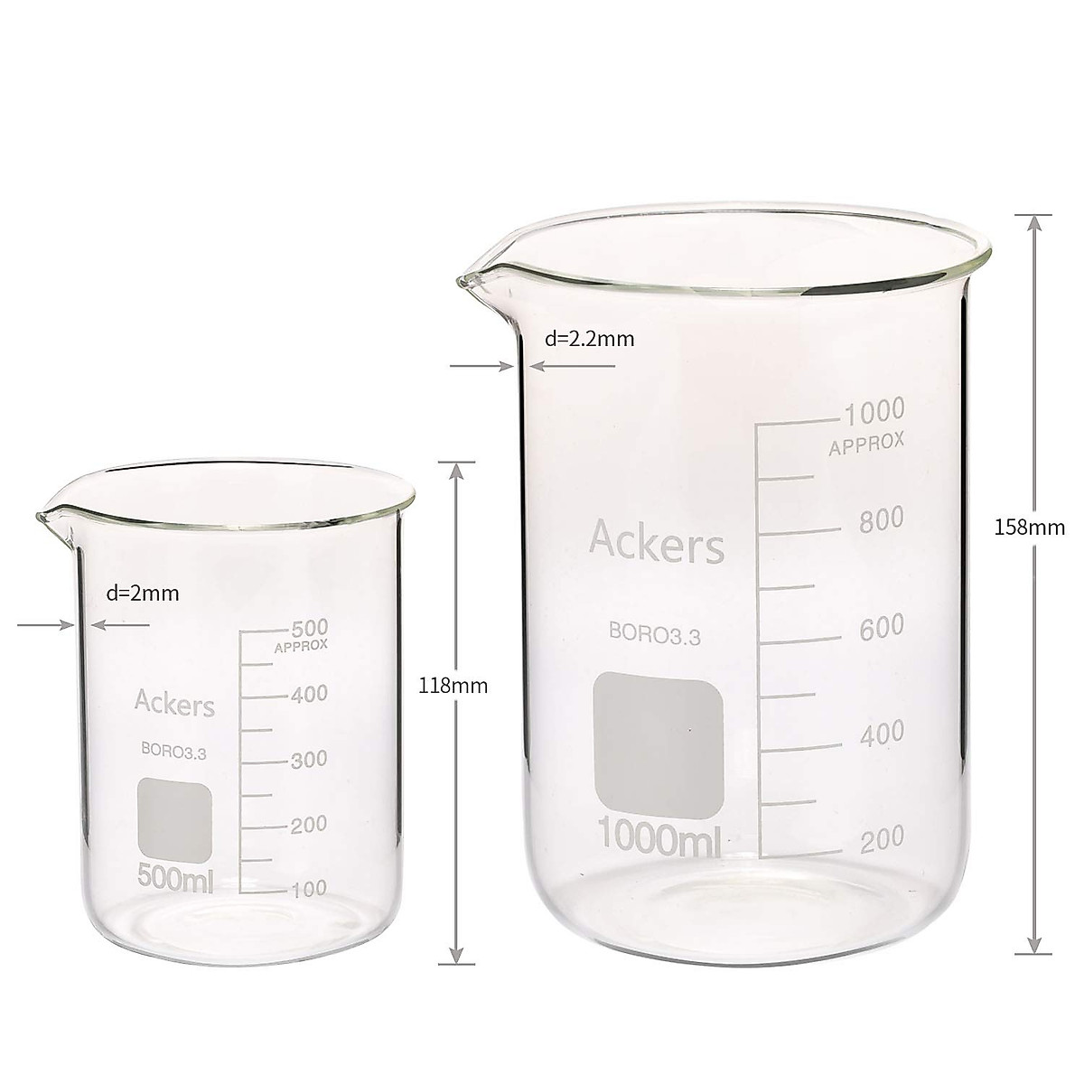 Ackers Boro3.3，Griffin Low Form Scientific Glass Beaker Set-50ml,100ml,250ml,500ml,1000 mL (Pack of 5)