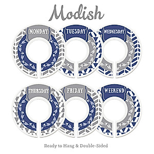 Modish Labels, Weekly Clothes Organizer, Days of The Week Closet Organizer System, Daily Closet Organizer, Closet Dividers, School Clothes Dividers (Navy Arrows)