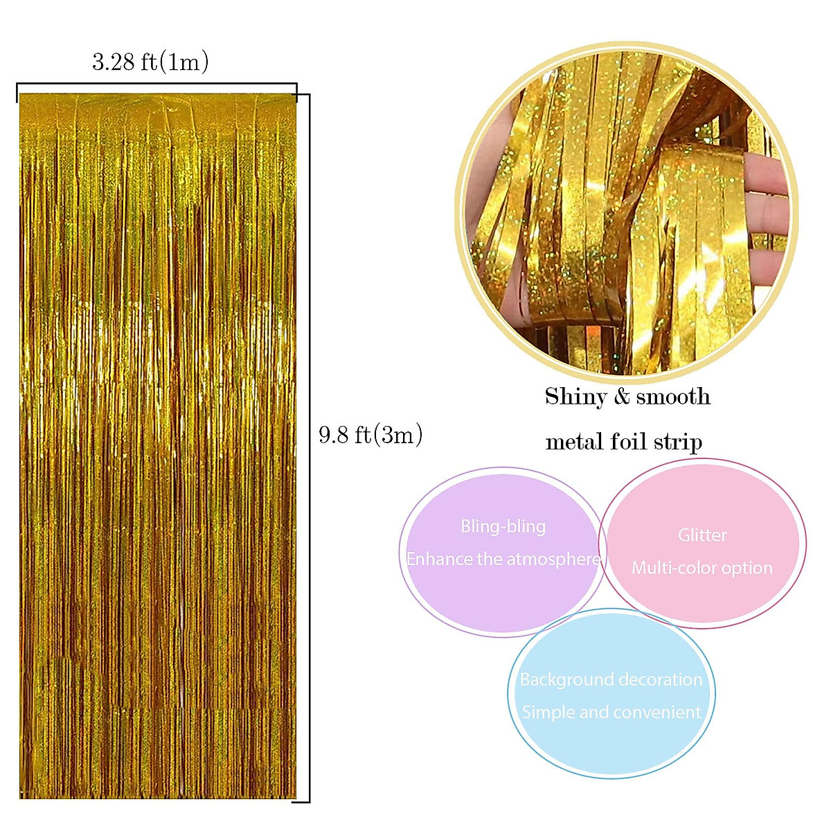 Foil Fringe Curtain Backdrop Glitter Fringe Rain Curtain for Party/Birthday/Graduation Decorations and New Year Eve Set of 2. 3.2ft x 9.8 ft(Gold)