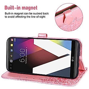 Compatible with LG V20 Wallet Case and Tempered Glass Screen Protector Leather Mandala Flower Flip Cover Credit Card Holder Stand Cell Accessories Phone Cases for LGV20 LG20 V 20 ThinQ Women Rose gold