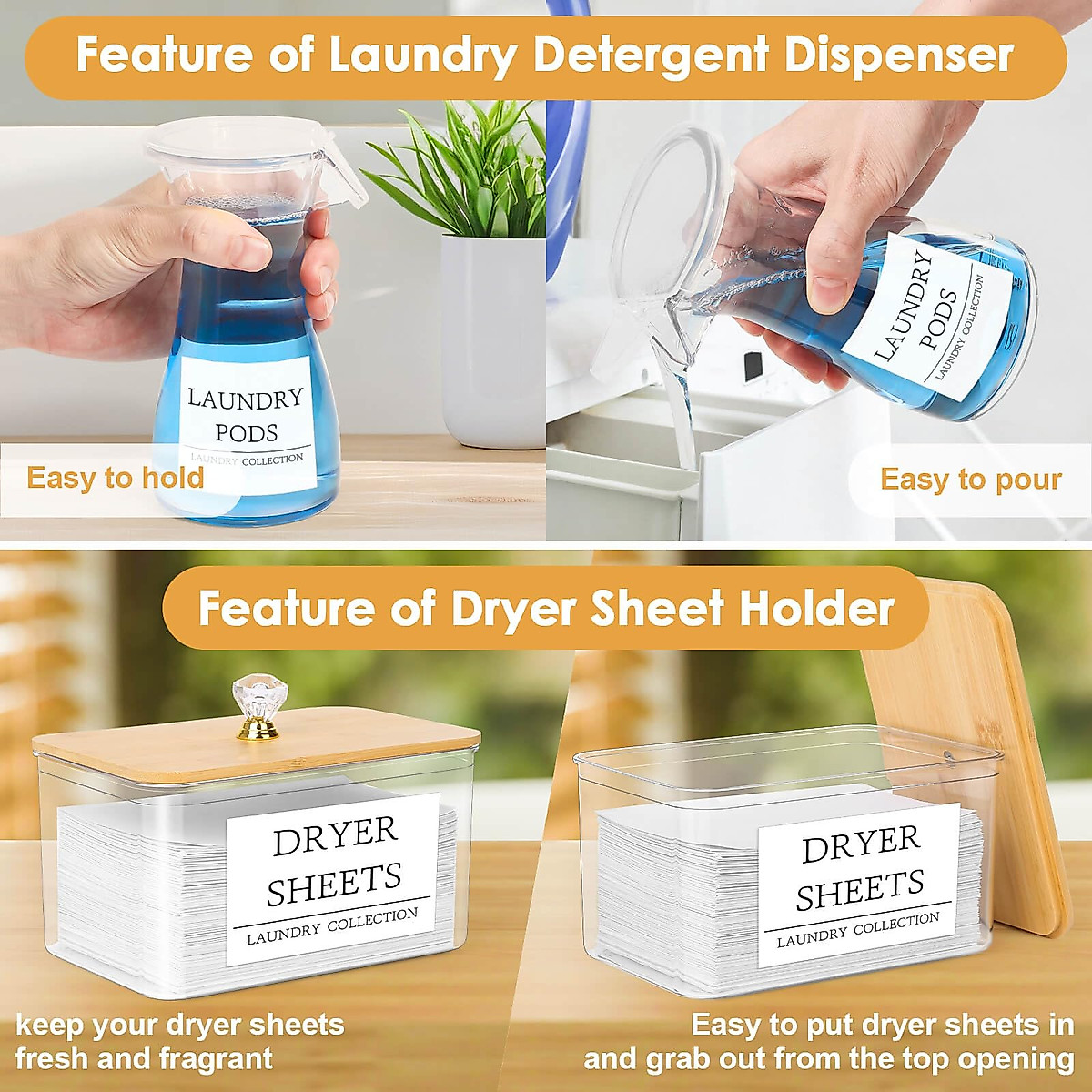 4 Pack Laundry Pods Container,Clear Laundry Room Organization Storage Containers with Dryer Sheet Holder,Laundry Detergent Dispenser for Laundry Detergent Laundry Pods Dry Sheet Organizing