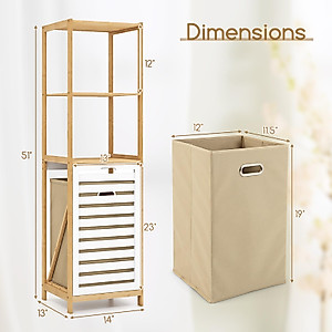 Giantex Tilt Out Laundry Hamper - Laundry Hamper Cabinet with 3 Tier Storage Shelves, Removable Laundry Basket, 51" Tall Freestanding Bamboo Tower Hamper Organizer for Bathroom Small Space