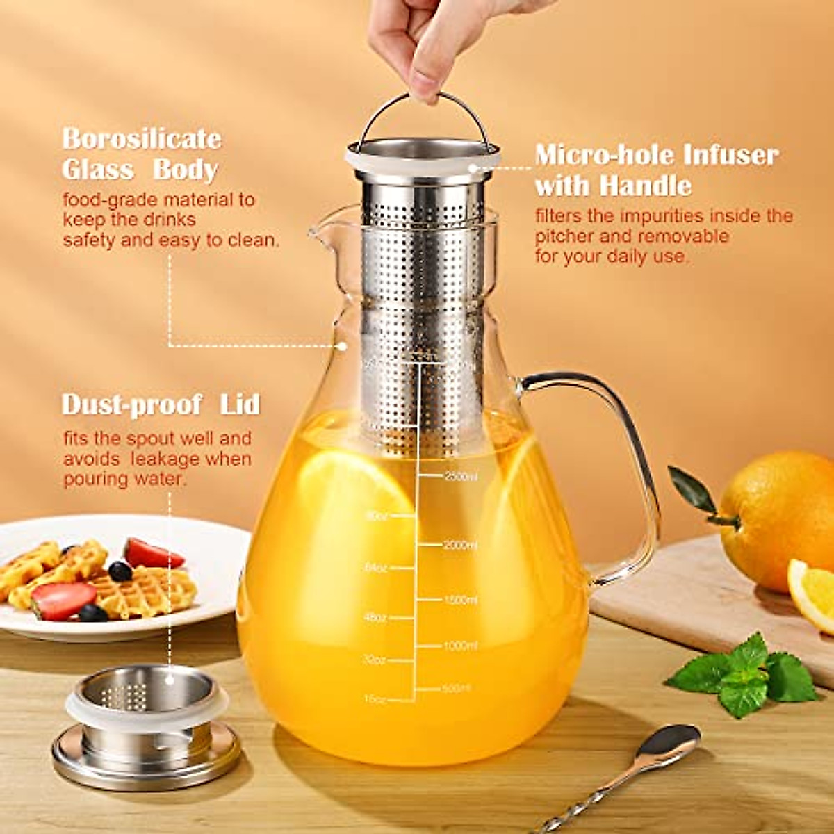 Glass Pitcher with Lid & Removable Fruit Infuser Filter, 105.6OZ Glass Fruit Infuser Water Pitcher with Precise Scale Line & Mix Spoon, HOUSALE 18/8 Stainless Steel Lid Iced Tea Pitcher Easy to Clean
