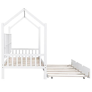 BIADNBZ Twin Size House Bed with Trundle,Wooden Kids Bedframe with Storage Shelf,Roof for Kids/Bedroom,No Box Spring Required,White