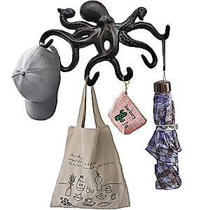 Octopus Key Holder for Wall Cast Iron Key Hooks Decorative Rustic Towel Hooks Wall Mounted Heavy Duty Coat Hooks with 6 Tentacles for Keys, Towel, Bags, Hat, Cup, Scaf