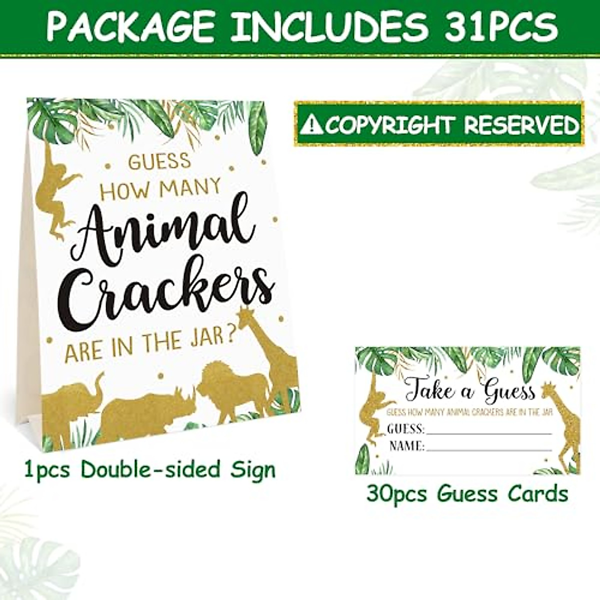 Gold Safari Baby Shower Decorations Supplies Guess How Many Animal Crackers Game with Standing Sign 30 Cards