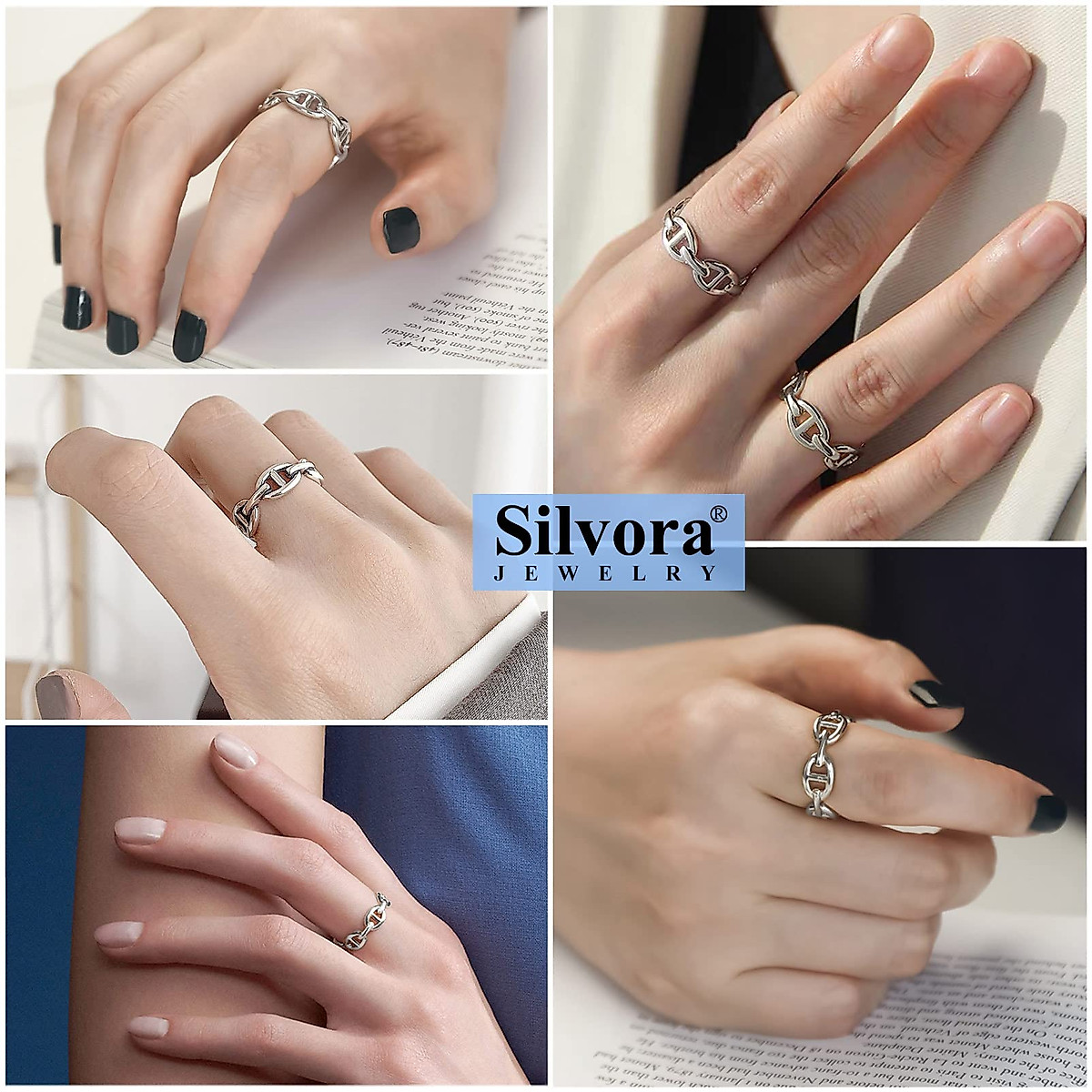 Silver Chain Rings for Women Plain Silver Mariner Link Chain Rings Size 7 for Women Stacked