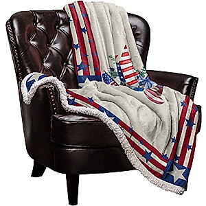 LEOKOTI 4th of July Spring Floral Ultra Warm Sherpa Blankets Throw, Red Stripes Star Independence Day Durable Double-Side Fluffy Baby Throw Blanket for All Seasons Throw Size 50" x 60"