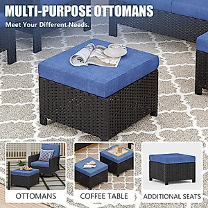 EcoTide 6 Pieces Outdoor Patio Furniture Set,Wicker Patio Conversation Sets with Swivel Rocking Chairs,3-Seat Sofa,Ottomans,Side Table for Outside Garden Poolside Backyard,Blue