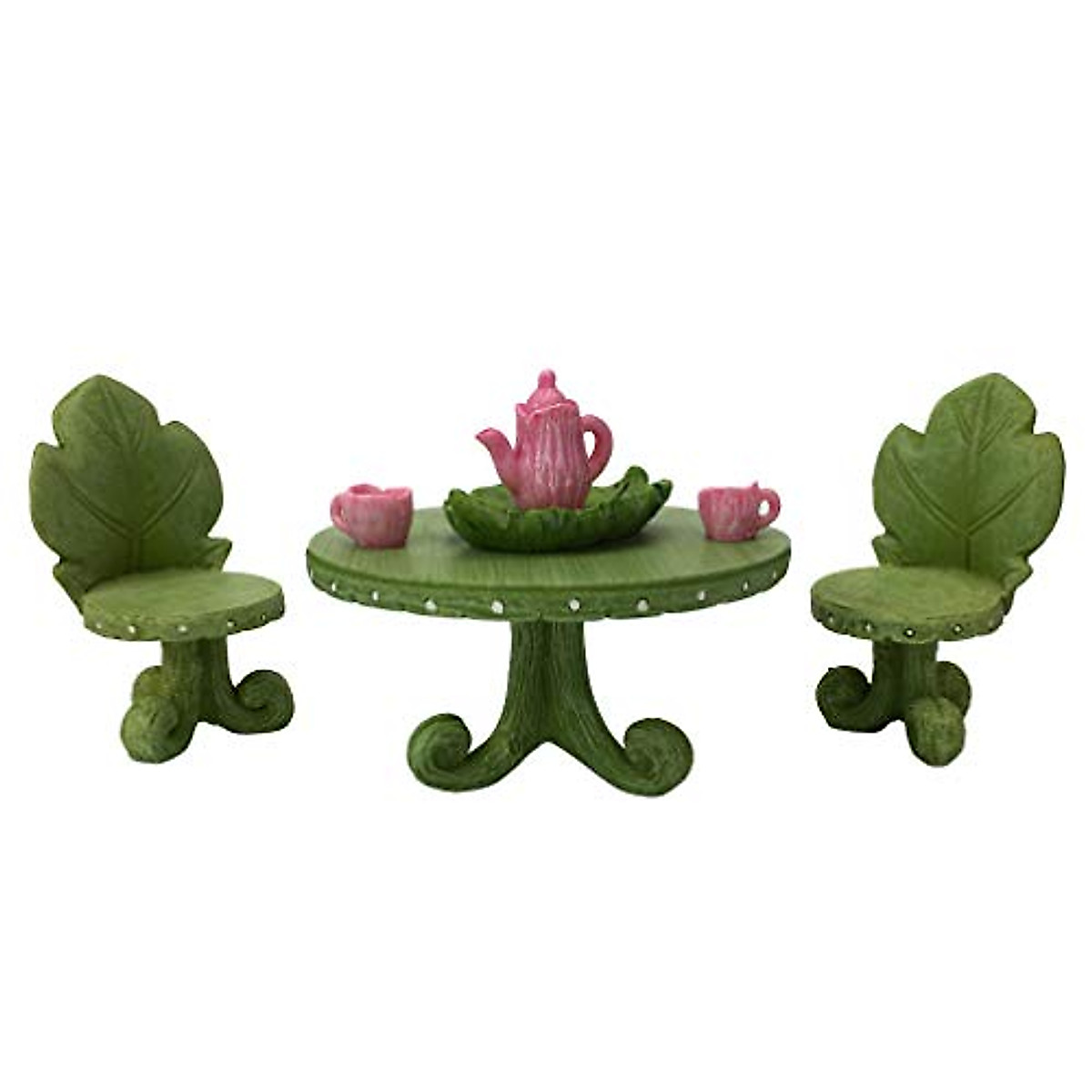 Miniature Fairy Garden Furniture Set: Leaf Bistro Set with Tea Set for Fairies and Garden Gnomes