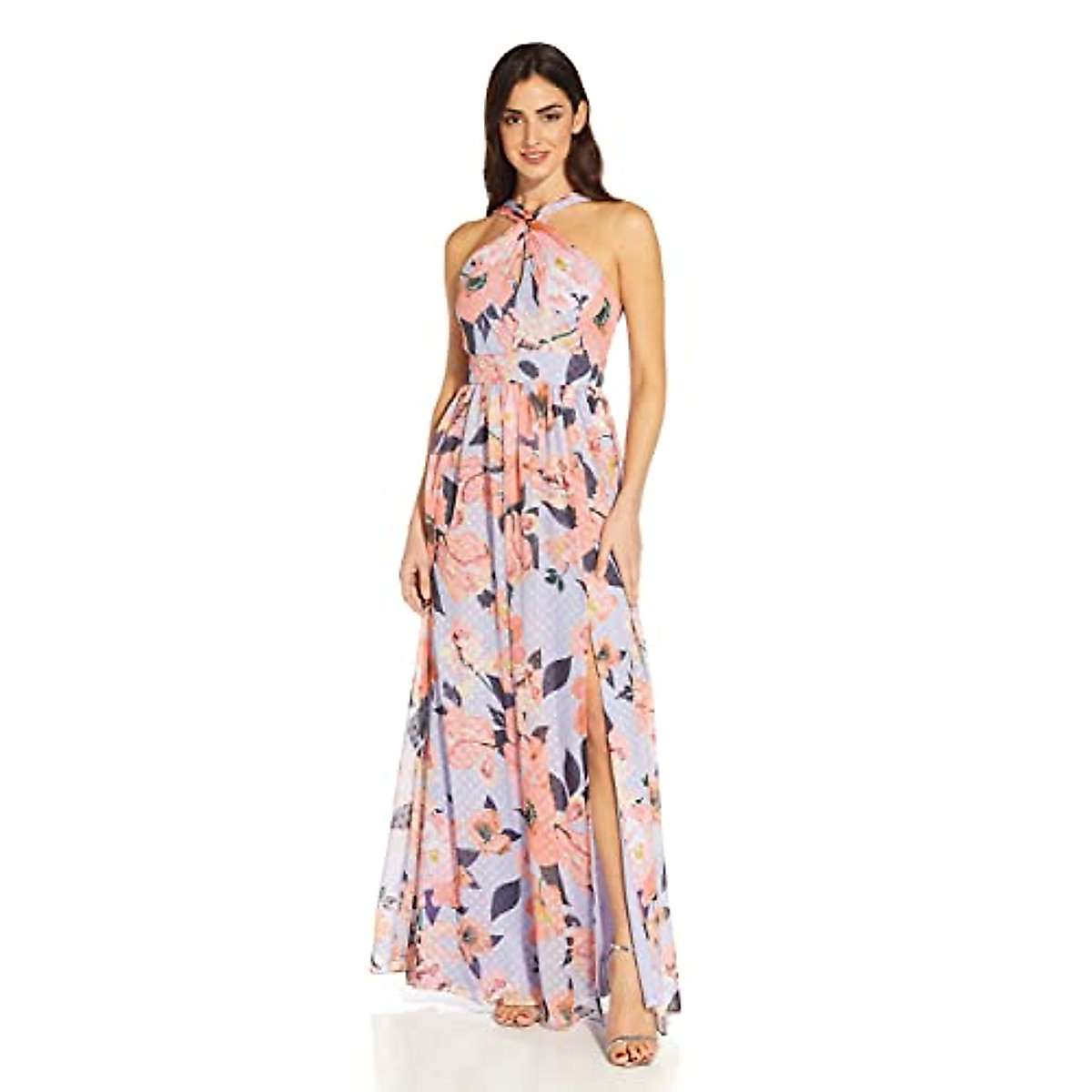 Adrianna Papell Women's Printed Chiffon Halter Gown, Opal/Coral Multi, 14
