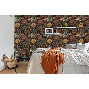 HAOKHOME 93291 Wallpaper Peel and Stick Floral Boho Brown/PeachPuff/Green Retro Wall Decor Bathroom Removable Mural 17.7in x 9.8ft