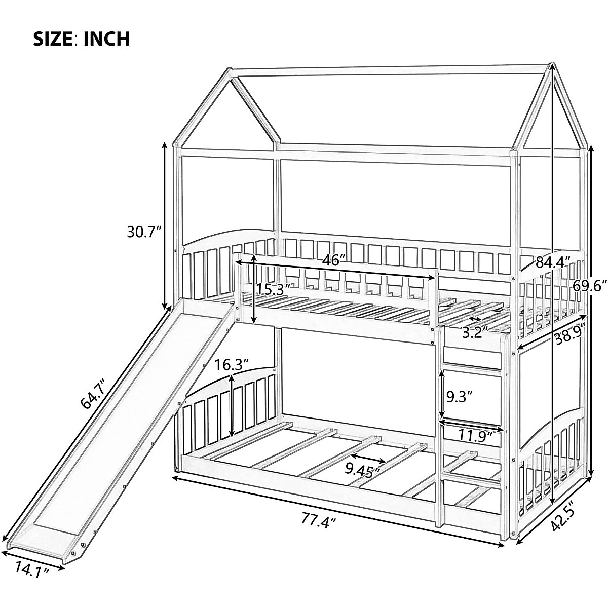 DNYN Twin Size Loft Bed with Slide for Kids Bedroom,Twin-Over-Twin House Shaped Bunkbeds w/Safety Guardrails & Roof Design,Easy Assemble & No Box Spring Need & Space Saving Design, White