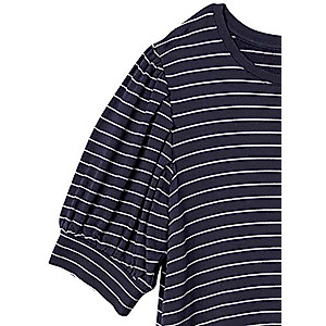 Amazon Essentials Women's Supersoft Terry Relaxed-Fit Short-Sleeve Puff-Sleeve Dress (Previously Daily Ritual), Navy White Mini Stripe, Large