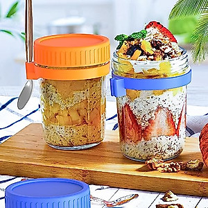MADEHOME Set of 4 Premium Overnight Oats Containers with Lids, Mason Jars 16 oz with lids, Glass Meal Prep Containers, Large Mason Jars, Meal Prep Container Microwave Safe, Yogurt Containers with Lids