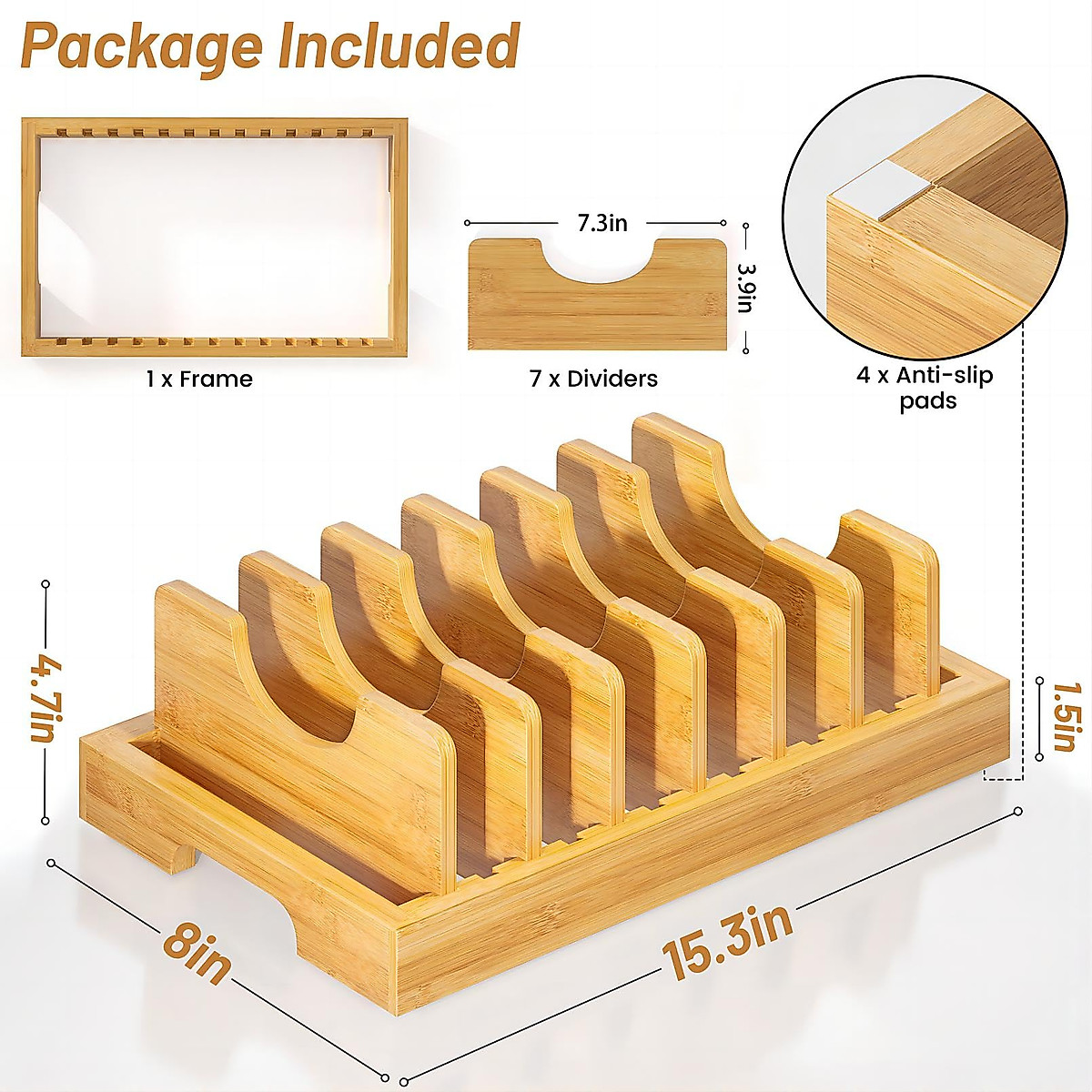 Kiasthome Bamboo Pot and Pan Organizer, Pot Lid Organizer Holder Rack for Countertop Drawer, Kitchen Cabinet Organizer with 7 Adjustable Dividers for Pots, Pans, Baking Sheets, Cutting Boards, Nature