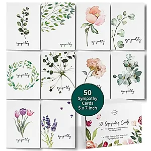 Dessie 50 Different Sympathy Cards with Greetings Inside. 5x7 Inch 50 Condolence Cards with Crisp Designs, Envelopes and Matching Floral Sealing Stickers. Multi