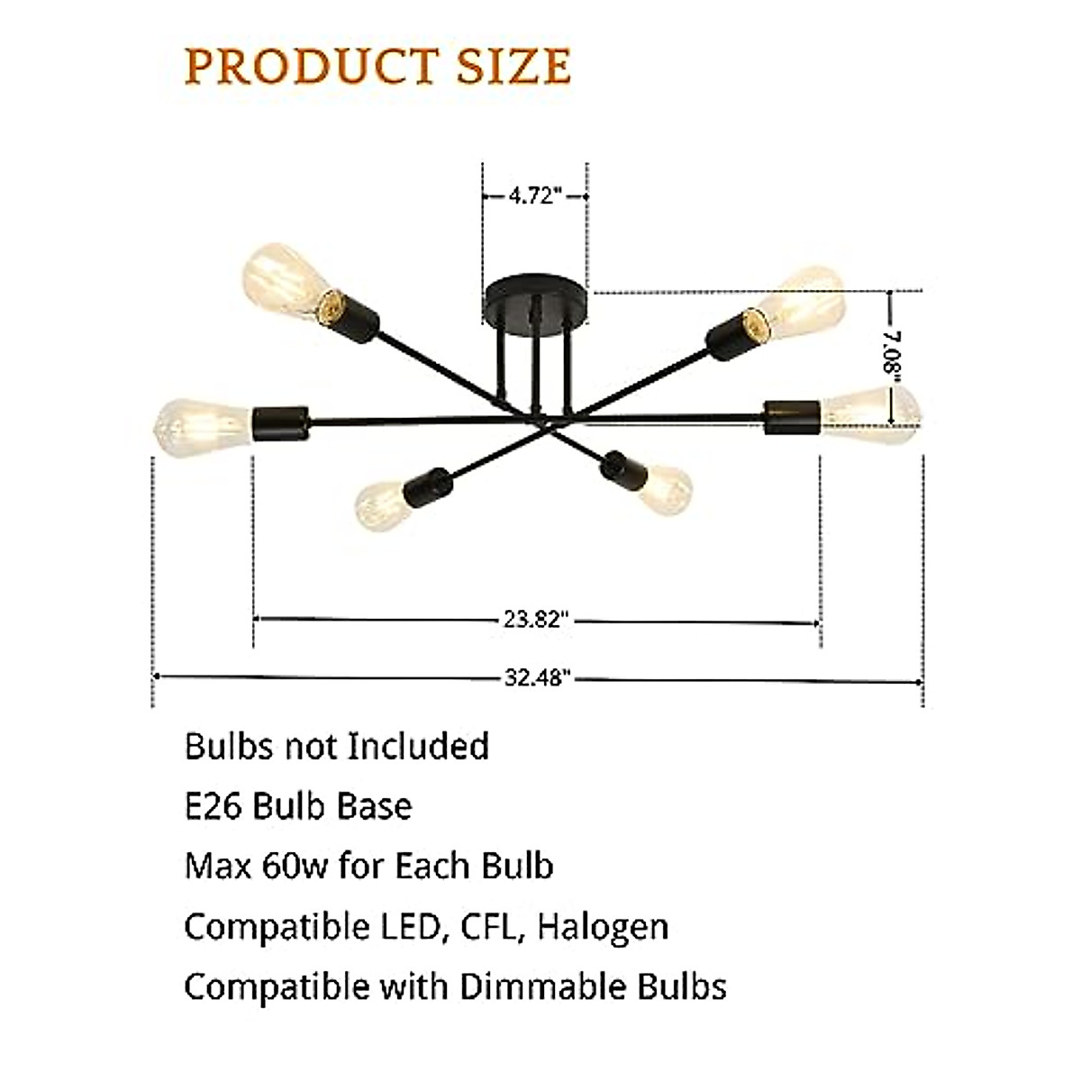 FLAMWILD Ceiling Light Fixture, Modern Sputnik Chandelier, Mid Century Industrial Lighting for Bedroom Kitchen Dining Living Room (Black)