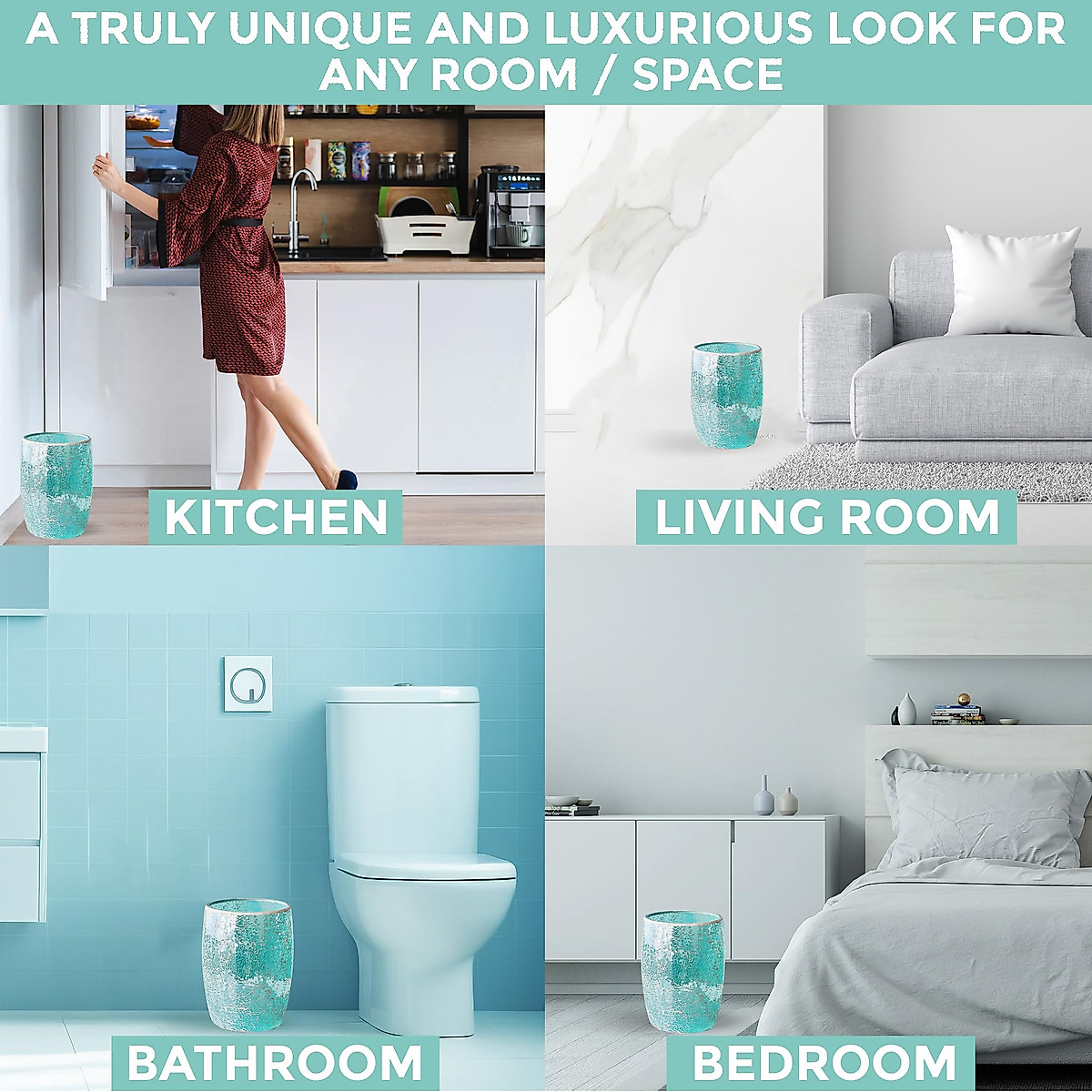 Escenzy Modern Bathroom Trash Can Mosaic Glass 5L | 7" x 10" | Decorative Small Garbage Can | Luxury Waste Basket for Bathroom, Office, Bedroom & Kitchen | Shiny Turquoise Green Bathroom Accessories