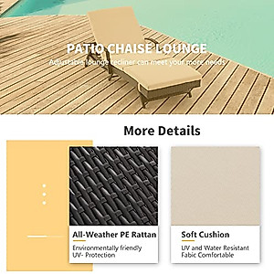 RYNSTO Patio Lounge Chair Rattan Chaise Lounge Chair with Adjustable Backrest Thickened Cushion, PE Rattan Steel Frame Outdoor Reclining Chaise for Patio Backyard Porch Garden Poolside, Khaki