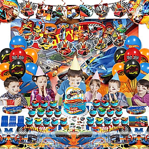 MAMESO 122Pcs Hot Car Birthday Party Supplies, Included Banner,Hanging Swirls,Tablecloth,Cake Topper,Cupcake Toppers,Temporary Tattoo, Foil Balloon,Tableware Set,Birthday Party Decoration