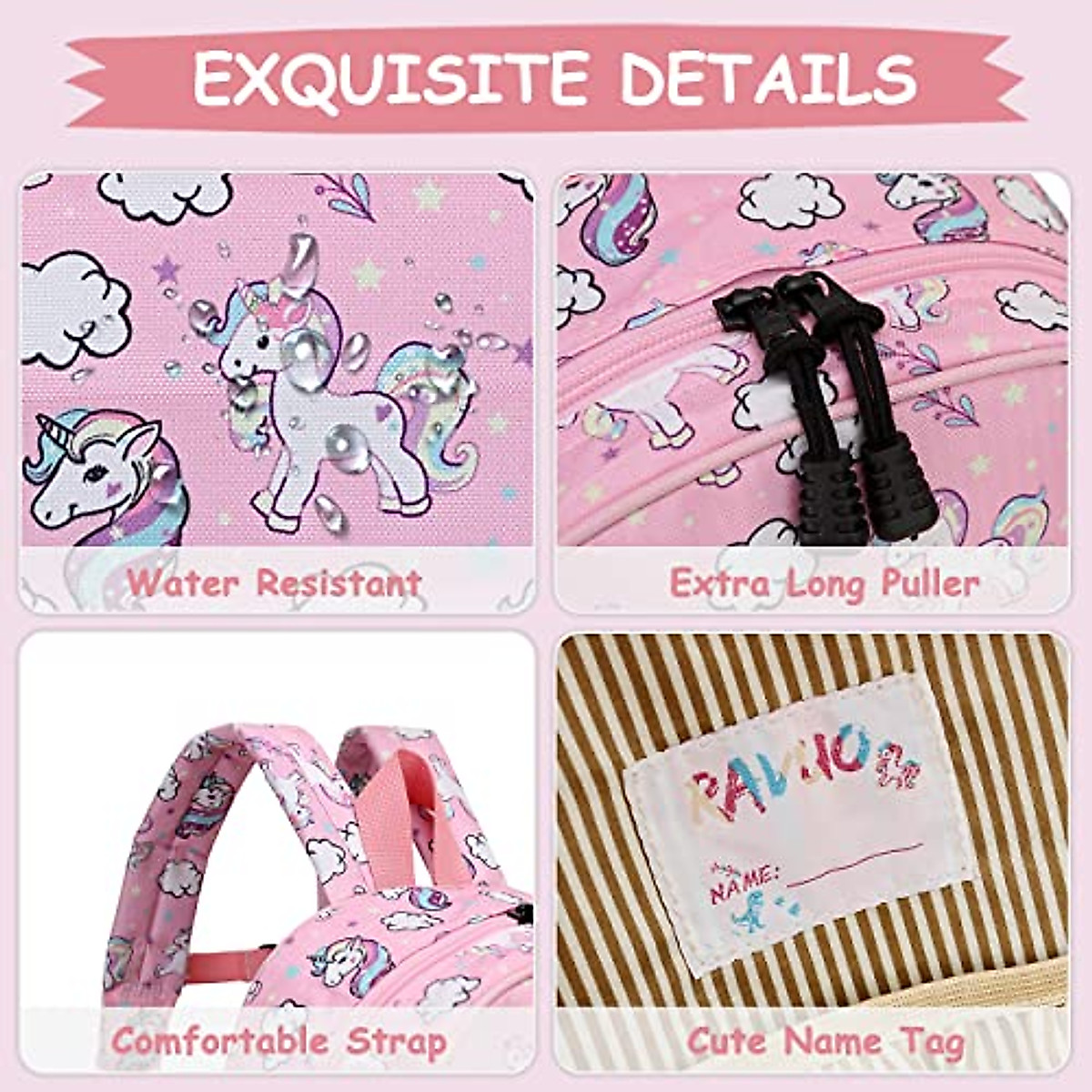 RAVUO Unicorn Backpack for Girls, Cute Toddler Backpack Lightweight Kids Preschool Bookbag Daypack with Chest Strap