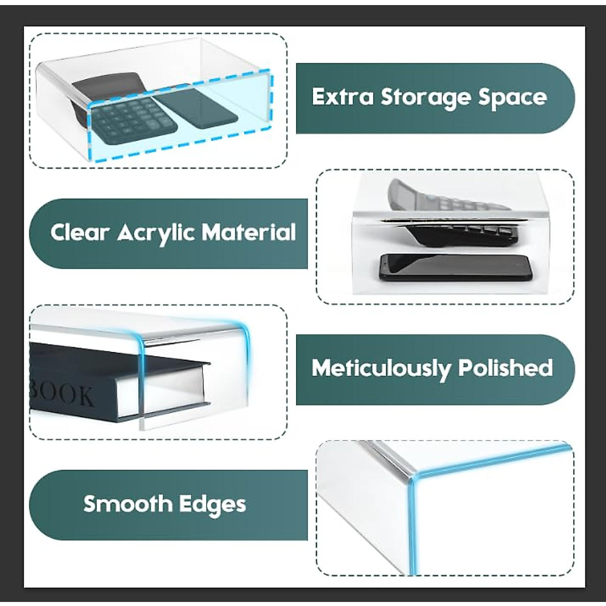 Acrylic Monitor Stand Riser,Dual Monitor Stand with Adjustable Length and Angle,3 Shelf Monitor Stand Riser with Anti-Slip Mat for Laptop, Computer, PC, Printer,TV Screen