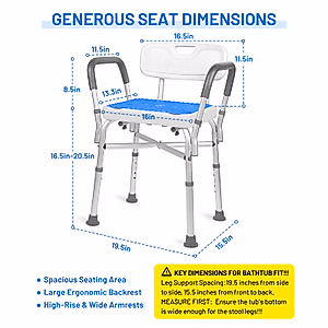 Tocebe Shower Chair for Inside Shower, 550LB Capacity Shower Seat with Reinforced Cross Bar, Adjustable Height Anti Slip Bath Chair with Backrest, Padded Armrests, Loofah Stick for Elderly & Disabled