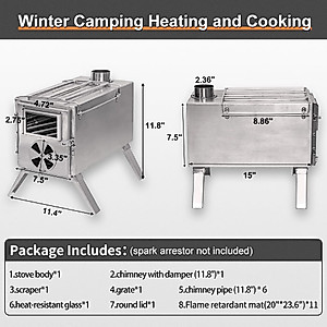 MC TOMOUNT Tent Stove Portable Wood Burning Stove 304 Stainless Steel for Camping Hunting 6feet Pipes Included