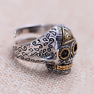 Gothic 925 Sterling Silver Freemason Masonic Skull Ring Golden All Seeing Eye for Men Women Open and Adjustable