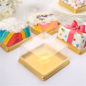 Efavormart 50 Pack | Clear/Gold Square Mini Plastic Dessert Party Favor Boxes, Cupcake Muffin Food Containers - 4"X4"X2.5"