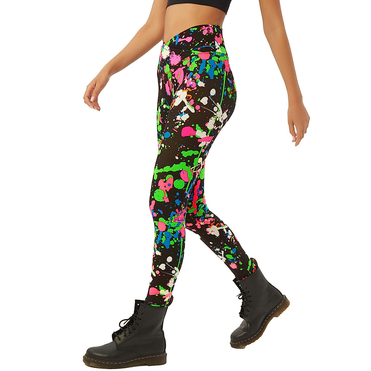 sissycos Women's 80s Neon Crossover Leggings Artistic Splash High Waisted Buttery Soft Printed Tights (Neon Fusion Splash, Large)