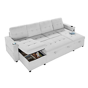 PaPaJet Pull Out Sofa Bed, 2 in 1 Sleeper Couch with USB Charging Stocket & Beverage Holders, Sectional Sofa Bed with Dual Chaise- Light Gray Chenille