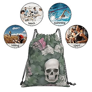 Flower And Skull Drawstring Backpack For Men And Women'S Sports And Fitness Bag, Large Size, Zippered Pocket, Lightweight, Foldable And Portable For Travel