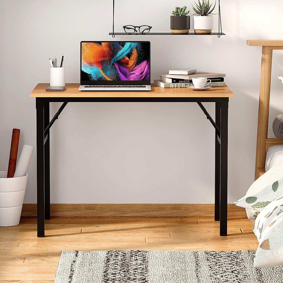 Need Folding Desk for Home Office 39-3/8'' Length Modern Folding Table Computer Desk No Install Needed Teak Color Desktop Black Frame, AC5BB(10060)