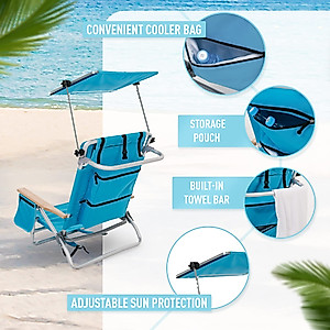 PiQuick aсtivating Rest Folding Backpack Beach Chair, Aluminum 5-Position Flat-Insulated, Camping Chair with Headrest and Collapsible Sun Shade, Towel Bar-Storage, Cooler Pouch (Blue)