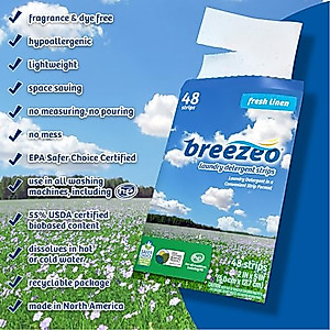 Breezeo Laundry Detergent Strips (48 strips) - Fresh Linen Scent - More Convenient than Pods, Pacs, Liquids or Powders – Great for Home, Dorm, Travel, Camping & Hand-Washing