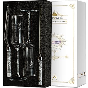 iooiluxry Wedding Champagne Flutes and Cake knife Server Set, Mr and Mrs Champagne Flutes, Bride and Groom Champagne Glasses and Cake Cutting set for Wedding Gifts