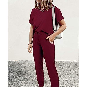 PRETTYGARDEN Women's Two Piece Outfit Short Sleeve Pullover with Drawstring Long Pants Tracksuit Jogger Set (Wine Red,XX-Large)