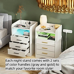 Halitaa White Night Stand with Charging Station, Side Tables with USB Ports & Outlets, End Table with 3 Drawers,LED Night Stand with Storage for Living Room/Bedroom