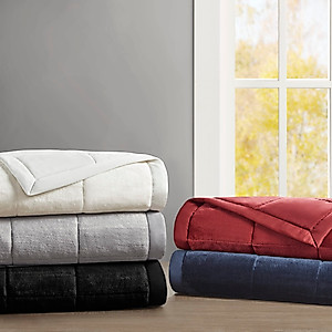 Madison Park Queen Cozy Blanket HeiQ Smart Temperature Plush to Microfiber Reverse Box Quilting, Reversible, Soft All Season, Lightweight Summer Cover, for Bed, Couch and Sofa, Full/Queen, Grey