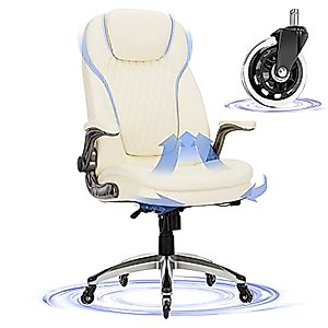 COLAMY 6686 High Back Executive Ergonomic Computer Desk Padded Flip-up Arms, Thick Bonded Soft Leather, Modern Office Chair with Upgraded Casters for Swivel Rolling (Ivory, 300lbs)