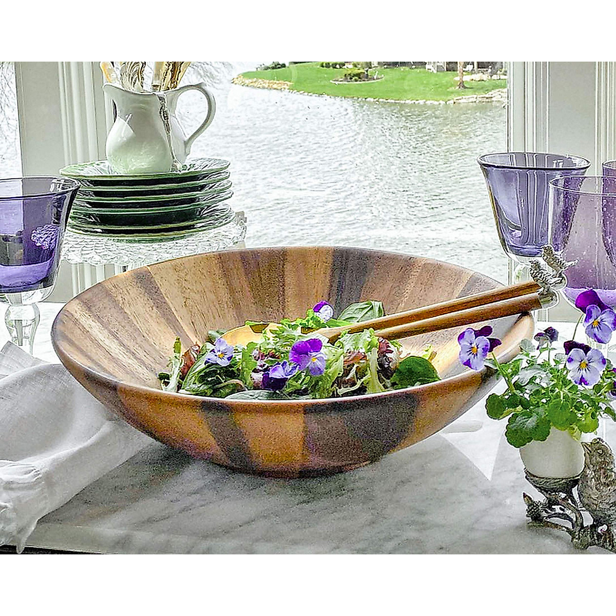 Vagabond House Acacia Wood Salad Bowl With Teak Salad Servers with Metal Song Bird Ends - Spring Servers and Bowl Set 16 inch Diameter x 5 inch Tall