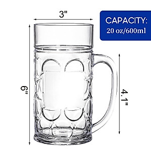 Mezchi 6 Pack Plastic Beer Mugs, 20 oz./600ml Beer Steins with Handles, Resuable Beer Drinking Cups, Clear Large Beer Mugs for Bar, Beverages, Alcohol, Freezable, BPA Free